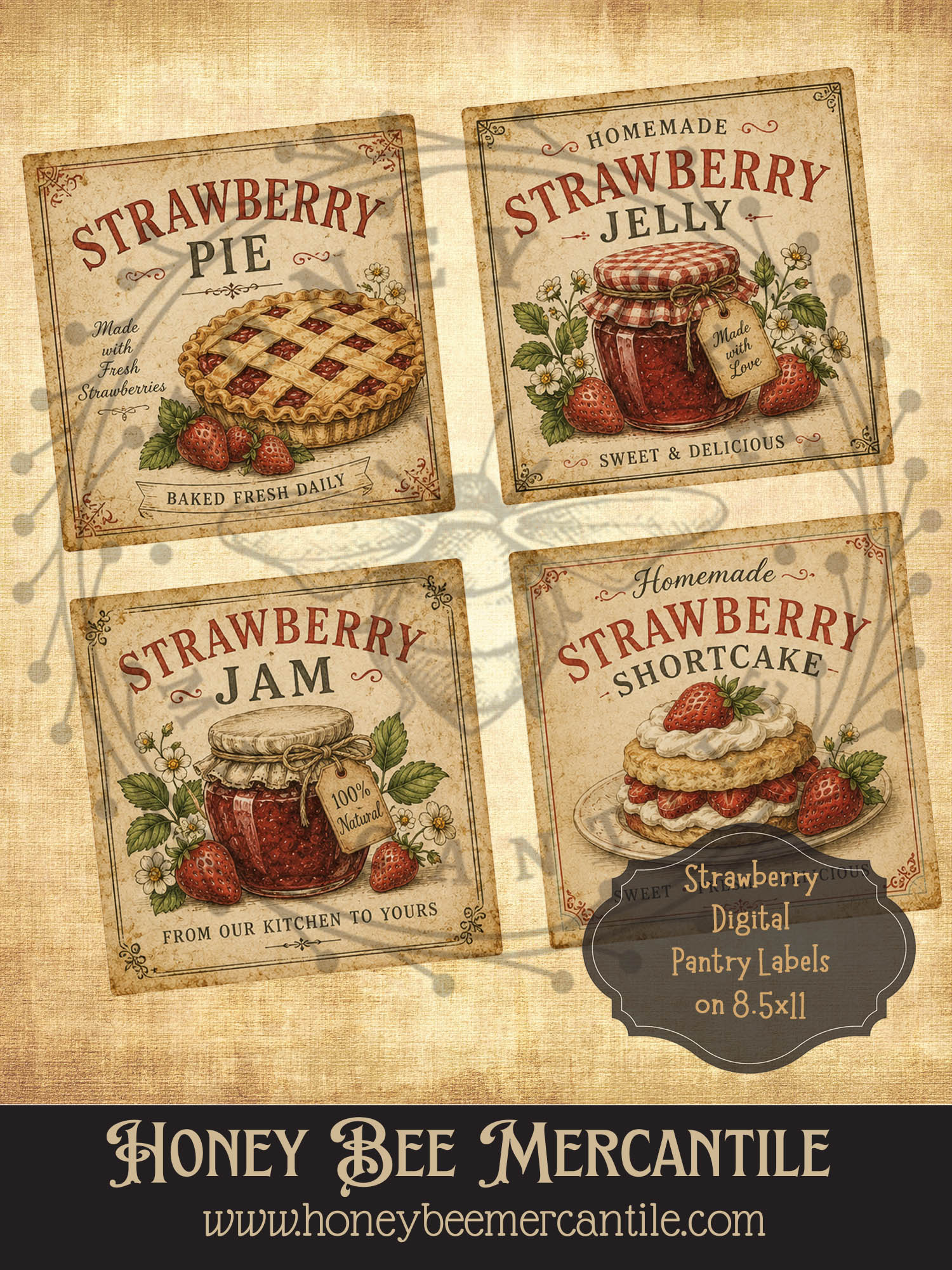 Digital Strawberry Pantry Labels - Set of 4, Vintage Primitive Farmhou ...